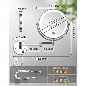 Gospire 9” Wall Mounted Lighted Makeup Vanity Mirror with 3 Color Lights & Stepless Dimming, 1X/10X Magnifying LED Double Sided Bathroom Touch Sensor Extendable Arm 360° Swivel Shaving Cosmetic Mirror