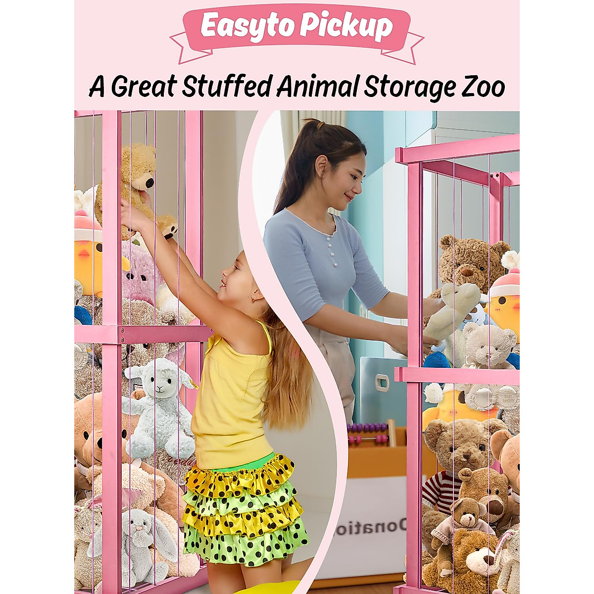 Feidyns Zoo Stuffed Animal Storage Wood, Extra Large Stuffed Animal Toy Zoo Storage Stuffed Animal Zoo Storage Holder Standing with Nets for Nursery Play Room Bedroom, Pink