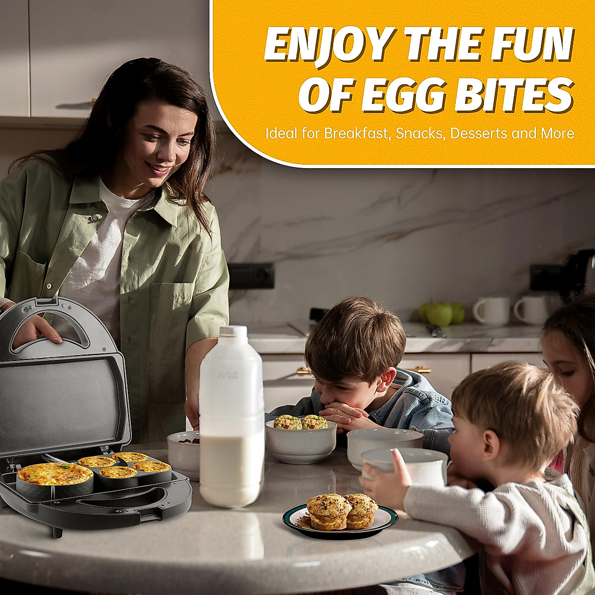 FineMade Sous Vide Style Egg Bite Maker Machine with 4 Silicone Molds, Grilled Cheese Maker, Mini Griddle, Ideal for Breakfast Sandwiches, Snacks, Desserts, 8 Mini Egg Bites & 2 Large Egg Bites