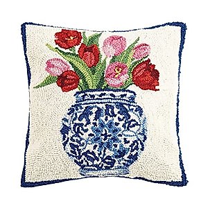 Peking Handicraft 30SER515AC16SQ Chinoiserie Vase Tulips Hook Pillow, 100% Wool and Cotton