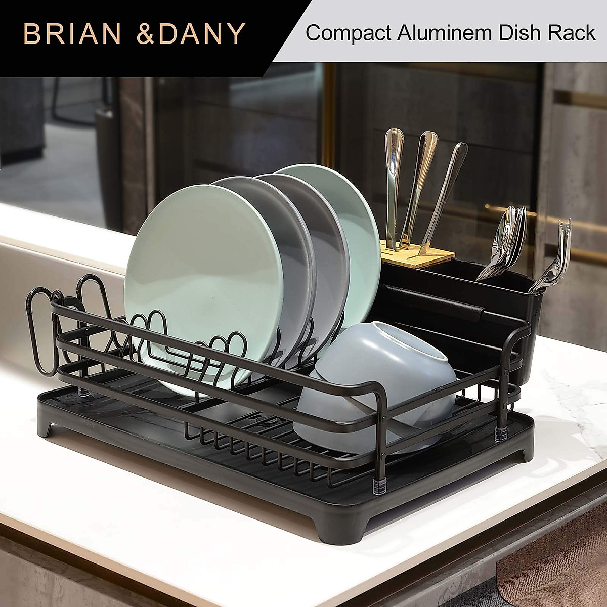 BRIAN & DANY Aluminum Dish Drying Rack, Dish Racks for Kitchen Counter, Dish Drainer with Removable Cutlery Holder & Cup Holder, 16.5" L x 11.8" W, Black