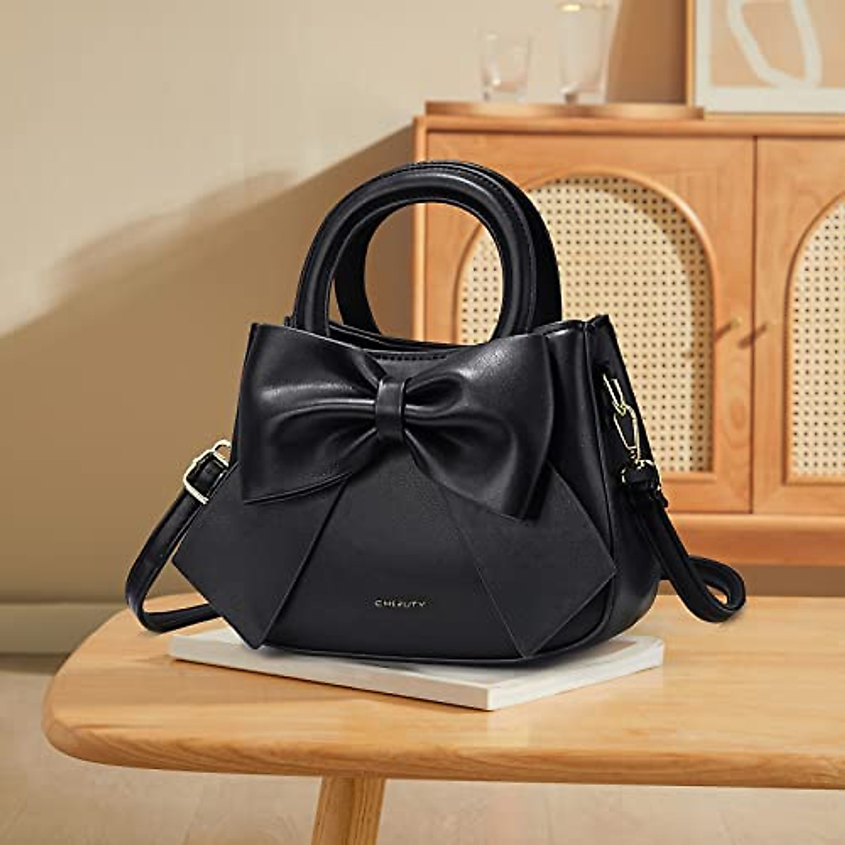 CHERUTY Designer Leather Handbags and Purses for Women with Top Carry Handle and Cute Bow Knot, Small and Elegant Satchel bags and Over-Shoulder Strap(Black)
