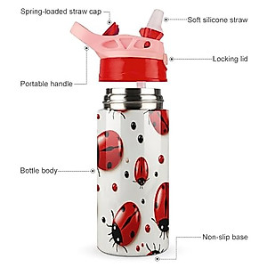 Stainless Steel Water Bottles Red Ladybug Travel Water Cups with Handle And Silicone Straw Drinking Cup with Leak Proof Lid Thermo Travel Mug for Women Men