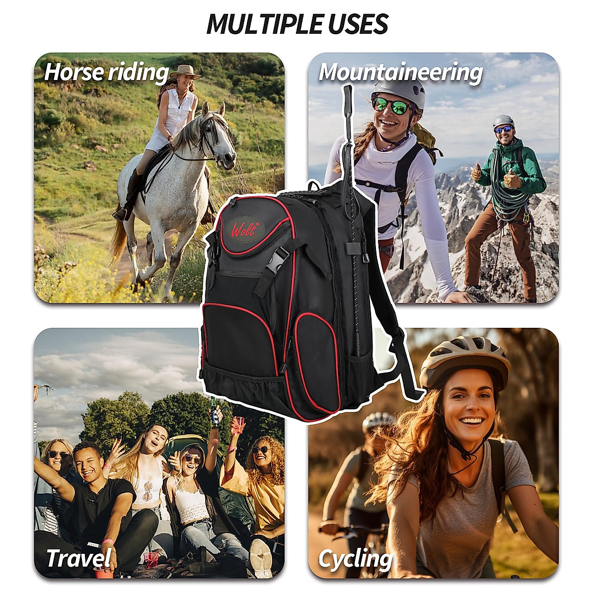 WOLT Professional Equestrian Backpack with Helmet Holder for Horse Riding, One Bag wih Multiple Compartments Carry All Accessories (NOT included), One Size Black+Red