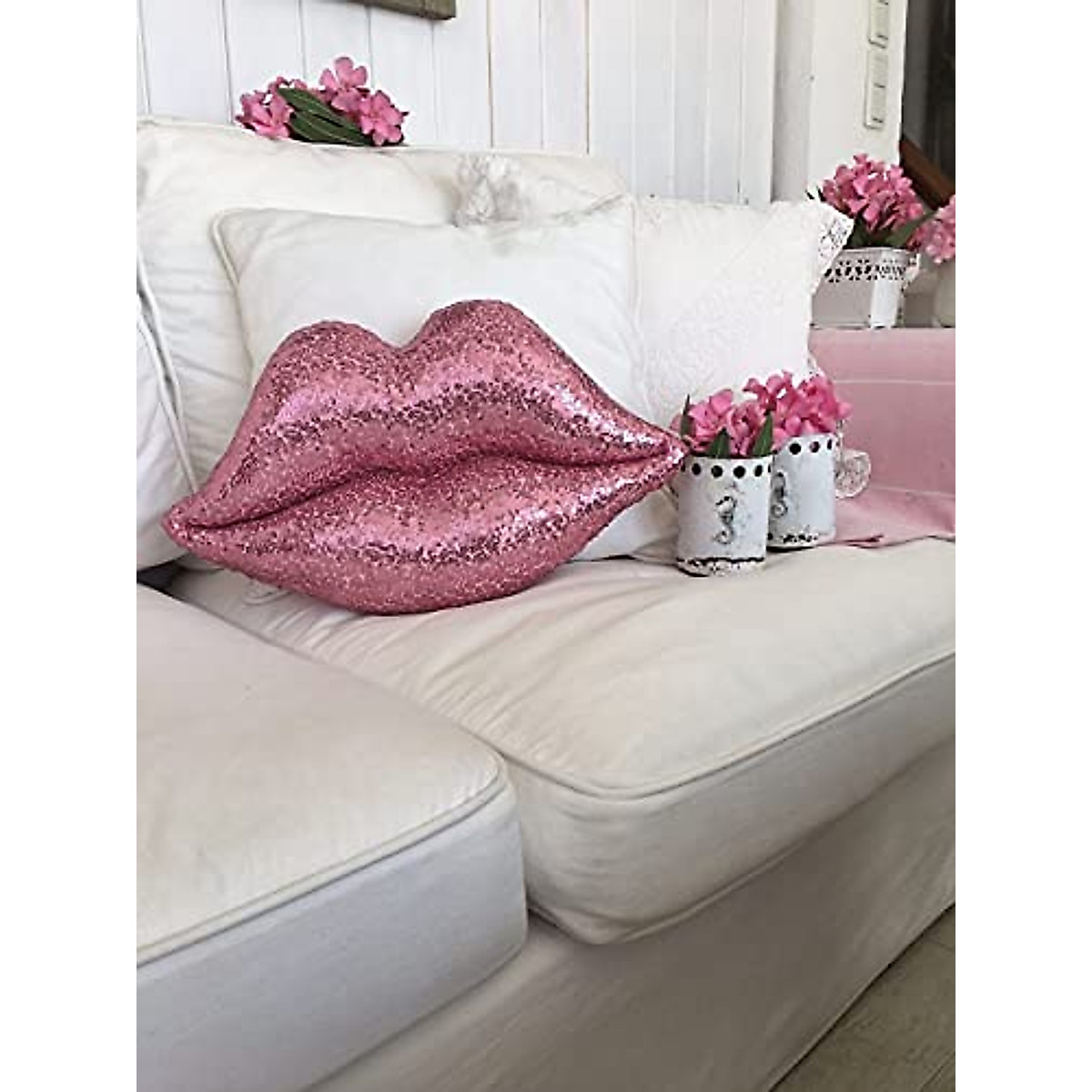 woody Pink Lips Glitter Pillow Home Decor Lips Throw Pillow Decorative Cushion Pillow Couch Bed Shaped Pillow Sparkle Luxury Pillow Sparkling Pillow 17x10 Inches