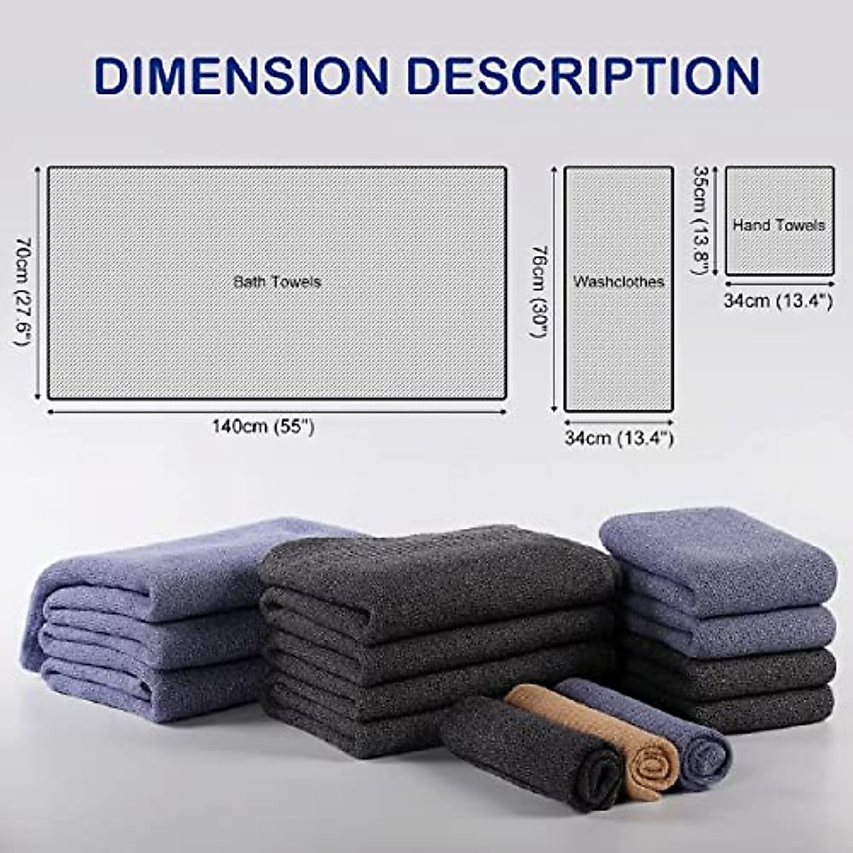 Imperial Road Bath Towels Set for Quick Drying and Highly Absorbent,1 Hand Towels 13.4x13.8 inch,1 Washcloth 13.4x30 inch,1 Bath Towel 27.6x55 inch (3 Piece,Grey)