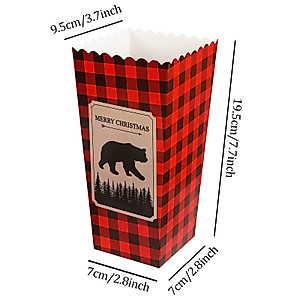 Whaline 30Pcs Christmas Popcorn Boxes Brown Bear Printed Paper Popcorn Buckets Red Black Plaid Popcorn Containers Christmas Party Favor Popcorn Treat Box for Xmas Movie Party Theater Night Supplies