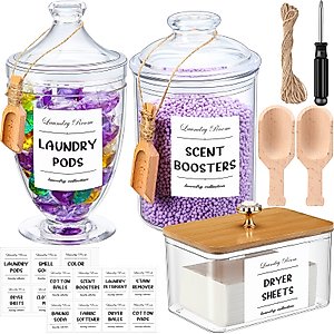 Sieral 3 Pcs Apothecary Jars with Lids Laundry Room Organization Bath Salt Container Acrylic Dryer Sheet Holder with Lid 14 Labels and 2 Scoops for Detergent