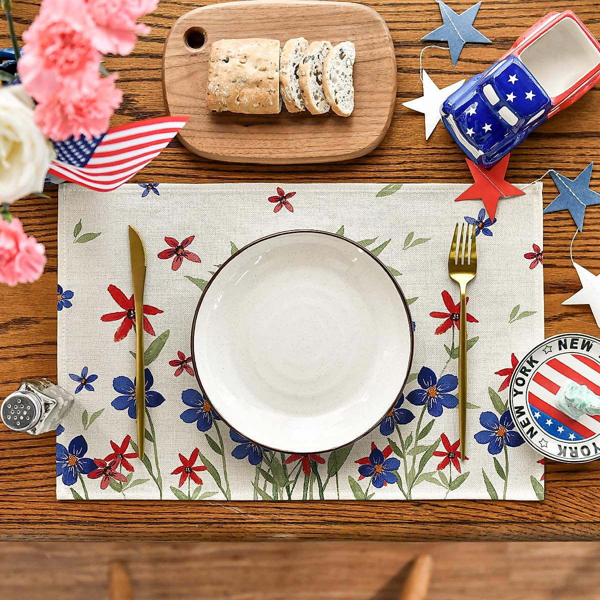 Artoid Mode Poppy Flowers Leaves 4th of July Placemats Set of 8, 12x18 Inch Featival Holiday Table Mats for Party Kitchen Dining Decoration