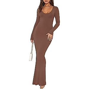 REORIA Women's Sexy Casual Scoop Neck Long Sleeve Lounge Long Dress Elegant Fall Wedding Guest Tight Ribbed Bodycon Maxi Dresses Coffee Medium