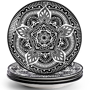 Coloch 4 Pack 8.5 Inch Ceramic Salad Plates, Black and White Floral Dessert Plate Reusable Snack Serving Plate for Pasta, Fruits, Sandwiches, Bar, Home Use, Microwave and Dishwasher Safe