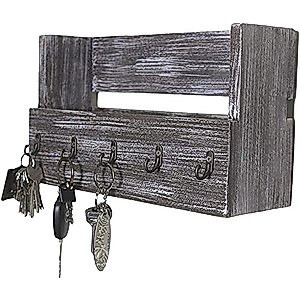 WRIGHTMART Wall Mounted Rustic Wooden Organizer Key & Mail Holder, Includes Command Hooks for Hanging Keys, Space for Phone, Wallet, Purse, Jewelry - Home Décor, Handmade, Whitewash Finish
