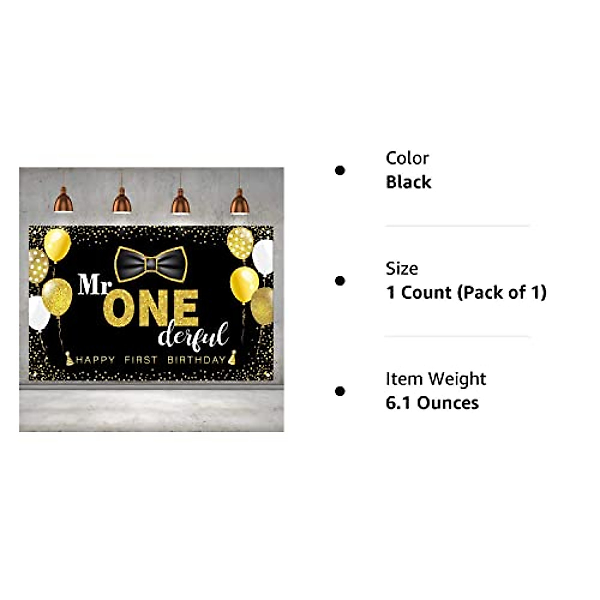 Mr. Onederful Birthday Party Decorations for Boys Happy 1st Birthday Banner Backdrop Large First Birthday Cake Table Decor Mr One Party Favor Supplies (Black and Gold)