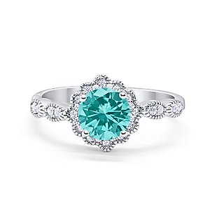 Blue Apple Co. Paraiba Tourmaline CZ Size-12 Art Deco Ring 10mm Round CZ Halo Floral Ring Marquise Vintage Style Statement Wedding Engagement Rings For Women 925 Sterling Silver Gifts For Her