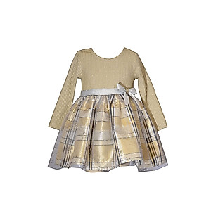 Bonnie Jean Holiday Christmas Dress - Gold Knit Plaid Dress, Gold, 4