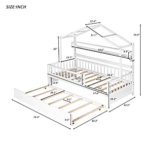 House Bed with Trundle and Storage Shelves Kids Twin Size Montessori Bed with Fence Rails Wood Playhouse Tent Bed Frame for Girls Boys, White