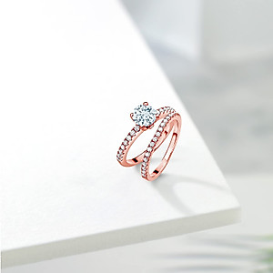 18K Rose Gold Plated Silver Sky Blue Aquamarine and White Moissanite Wedding Engagement Band Bridal Set Ring For Women (1.24 Cttw, Gemstone March Birthstone, Available In Size 5, 6, 7, 8, 9)