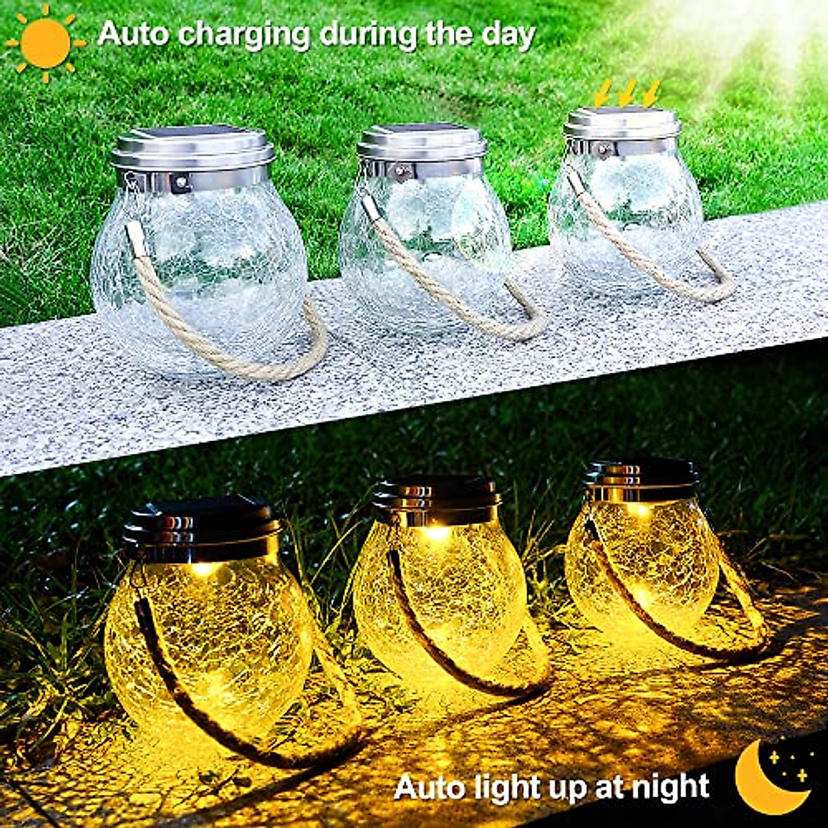 TonyEst Outdoor Solar Lantern, 2 Pack LED Amber Warm Hanging Lanterns Garden Solar Lights Decorative Crackle Glass Ball Waterproof, Solar Powered with 2 Optional Modes for Table Deck Yard Patio Decor