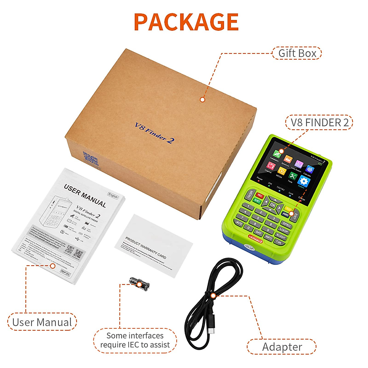 ICQUANZX V8 Satellite Finder Signal Meter Upgraded TV DVB-S2/S2X Receiver Sat Detector, HD 1080P Free to Air FTA 3.5" LCD Built-in 5000mAh Battery for Adjusting Sat Dish