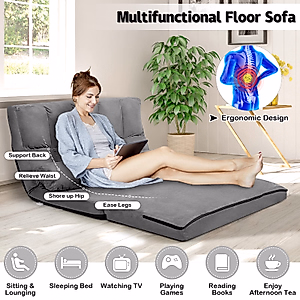 KOMFOTT Adjustable Floor Sofa Bed, Foldable Lazy Sofa Sleeper Bed with 6 Position Backrest & 2 Pillows, Convertible Futon Couch Bed with Suede Cloth Cover, Lounge Recliner for Living Room