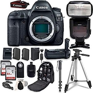 Canon EOS 5D Mark IV DSLR Body - with Canon BG-E20 Battery Grip + Professional Accessory Bundle (14 Items) (Renewed)