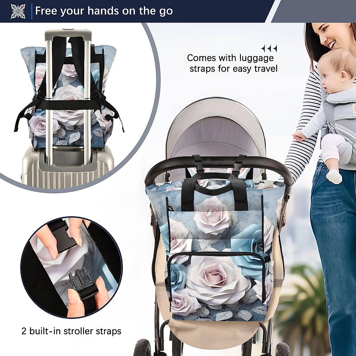 xigua Blue and White Roses Diaper Bag Backpack Multi Function Baby Changing Bags Waterproof Large Capacity Travel Back Pack for Mom Dad