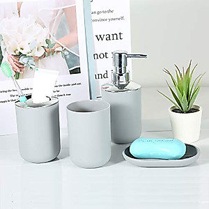 Bathroom Accessory Set 4 Pcs Plastic Bathroom Decor Toothbrush Holder Toothbrush Cup Soap Dispenser Soap Dish Farmhouse Decor Bathroom Home Decor Craft (Grey)