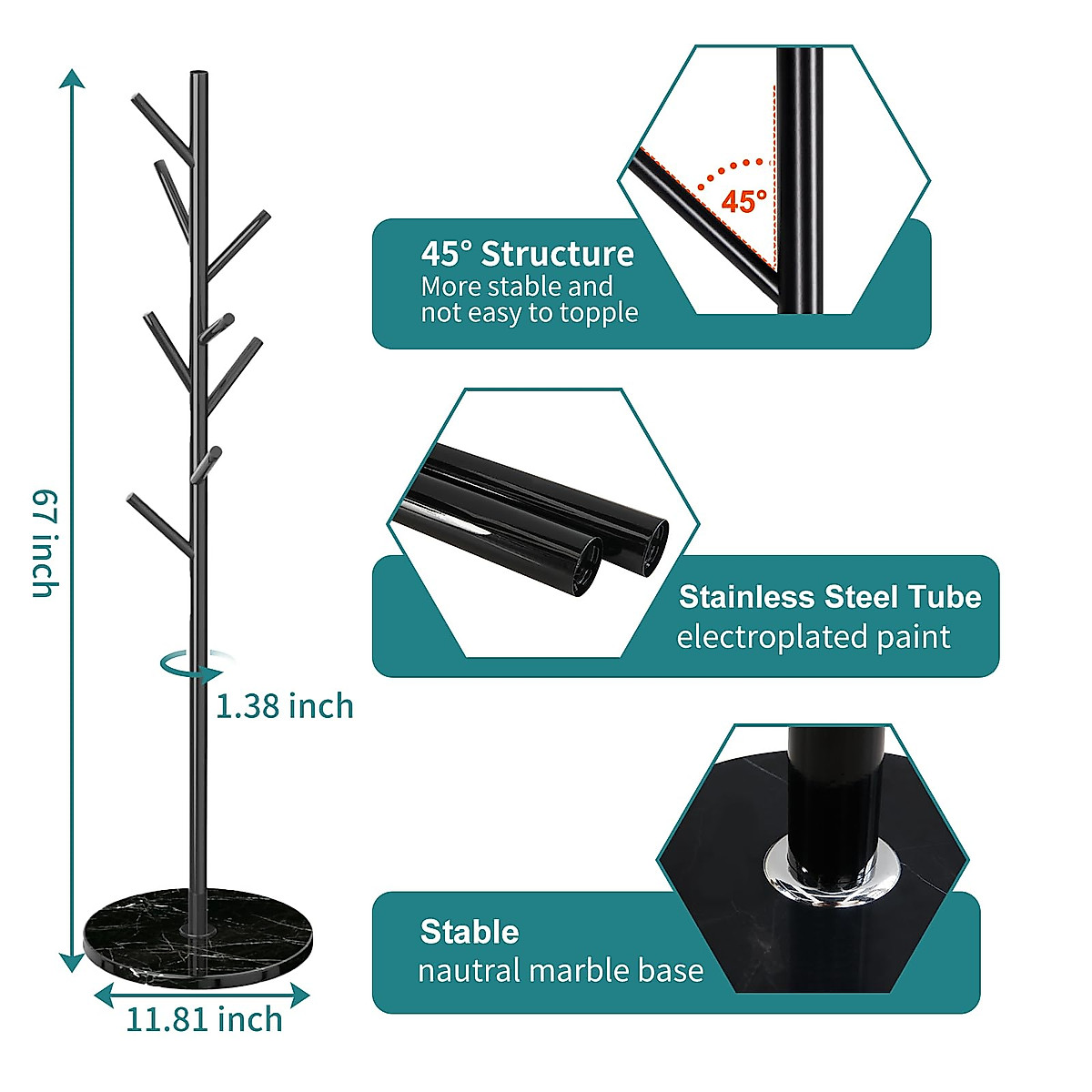 OIRUMIE Coat Rack with Natural Marble Base, Metal Freestanding Coat Rack, Stainless Steel Coat Rack Stand with 8 Hooks for Hanging Scarf, Bag, Jacket, Black Coat Hall Tree Hanger Holder Stand