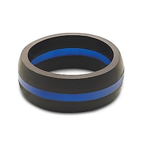 QALO Men's Rubber Silicone Ring, Classic Thin Line Rubber Wedding Band, Breathable, Durable Rubber Wedding Ring for Men, 8.5mm Wide 2.5mm Thick, Blue, Size 13