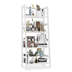 Aomedeelf Bookshelf, 4-Tier Ladder Shelf, 49.2" Free Standing Bookcase, Bamboo Shelf Ladder Bookshelf for Living Room, Bedroom, Bathroom, White