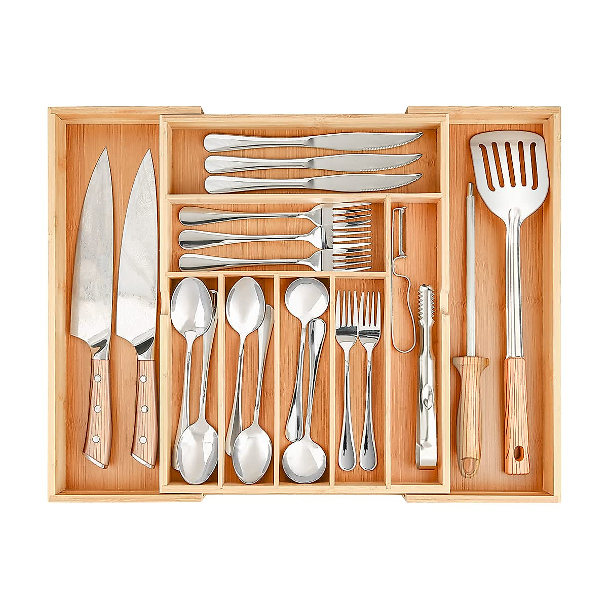 Bamboo Expandable Drawer Organizer, NEDNEYy Cutlery and Utensil Tray, Desk Drawer Organizer Silverware Holder Kitchen Knives Tray Drawer Organizer, 100% Pure Bamboo Cutlery in Natural Color…