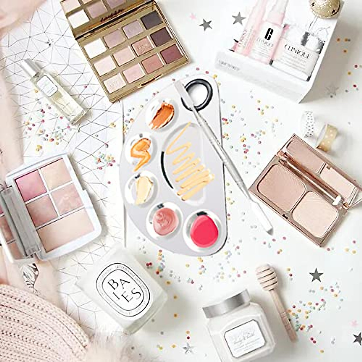 BOMJJOR Makeup Palette Stainless Steel Cosmetic Palette 6-Well with Spatula Tool for Nail Art Eye Shadow Mixing Foundation Painting Artist Mini Mixing Metal Palette (Semi-arc Palette)