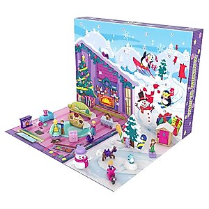Polly Pocket Advent Calendar with Winter Family Fun Theme & 25 Days of Surprises (34 Total Play Pieces) to Discover: Pocket Family Dolls, Snow Play Vehicles, Toy Treats, Wearable Jewelry & More