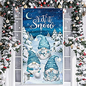 Christmas Door Cover Decoration Let It Snow Winter Gnomes Door Covering Fabric Christmas Snowman Snowflake Door Banner Backdrop for Front Door Xmas Winter Holiday Door Wall Decoration, 71 x 35 Inches