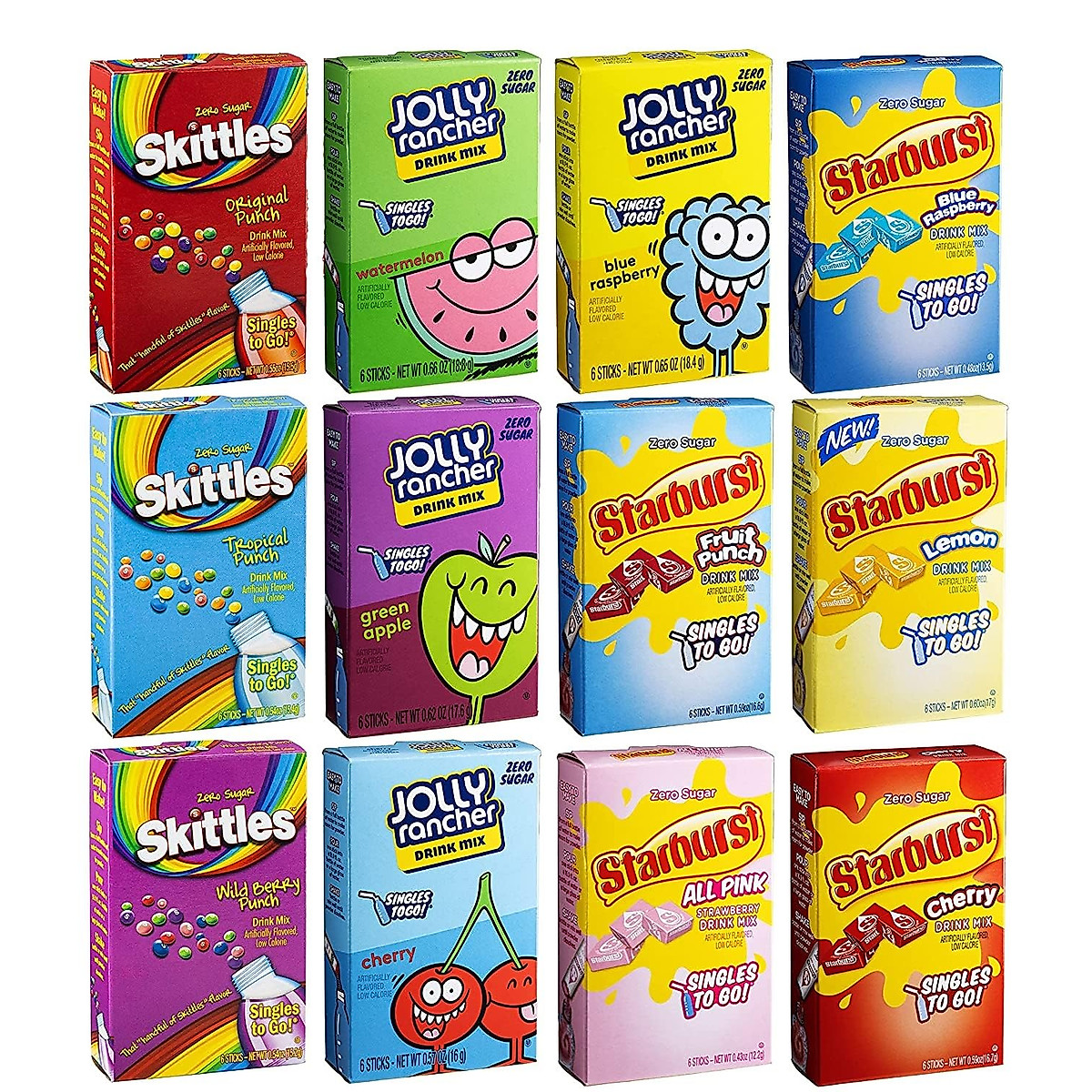 Sugar Free Variety Pack of Water Enhancers - Skittles, Starburst and Jolly Rancher Drink Mix Variety Pack of 12