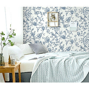Safiyya Peel and Stick Wallpaper Floral Birds Contact Paper Blue White Wallpaper Peel and Stick Removable Wallpaper Boho Wallpaper Flower Contact Paper for Walls Vinyl Rolls 118"x17.3"