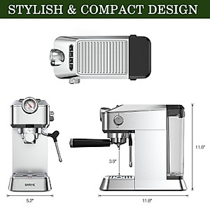 MR MIRYE Espresso Machine, 20 Bar Stainless Steel Espresso Maker Silver Coffee Machine for Home or Office With Removable Water Tank, Measuring Spoon, Brewing Filter, Milk Cup, Milk Frother Steam Wand