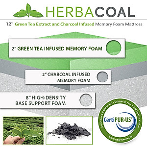 AC Pacific HERBACOAL Collection 12" Medium Firmness Green Tea Infused Memory Foam Mattress Made In USA, Queen, White