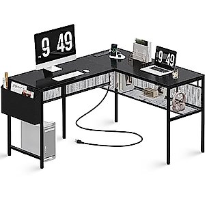 PRAISUN L Shaped Office Desk with Power Outlets, Reversible Computer Desk with Grid Bookshelf and Storage Bag, Gaming Desk, Home Office Desk Corner Desk with Hooks, Black