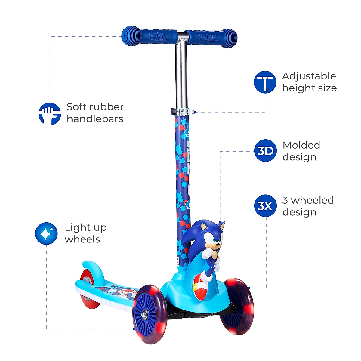 Sonic The Hedgehog 3D Kick Scooter for Kids, Self-Balancing 3 Wheeled Light Up Scooter with Extra Wide Anti-Slip Deck, Rear Brake, Lean to Steer, Lightweight Design, for Kids 3 and up, 75 LB Limit