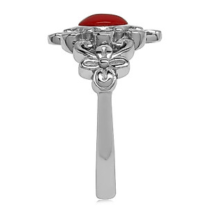 Silvershake 6mm Created Round Shape Red Coral 925 Sterling Silver Flower Solitaire Ring Size 8