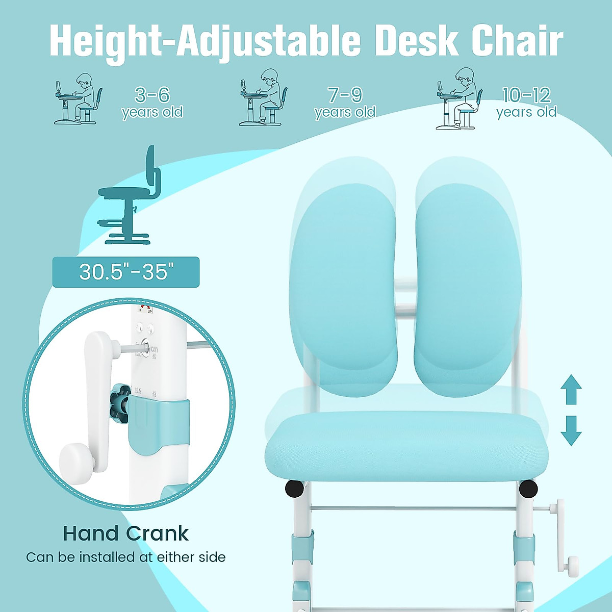 Costzon Kids Desk Chair, Height Adjustable Student Study Task Chair with Double Back Support, Rotatable Footrests, Mesh Ergonomic Office Chair, Kids Computer Chair for Boys Girls Bedroom School, Blue