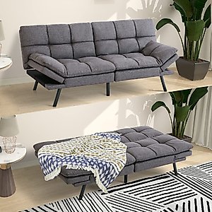 Maxspeed Futon Sofa Bed Memory Foam Sofa Couch Convertible Modern Loveseat Sleeper Sofa with Adjustable Armrests and Metal Legs,Multifunctional Grey Futon Sofa Bed for Apartment, Office, Small Spaces