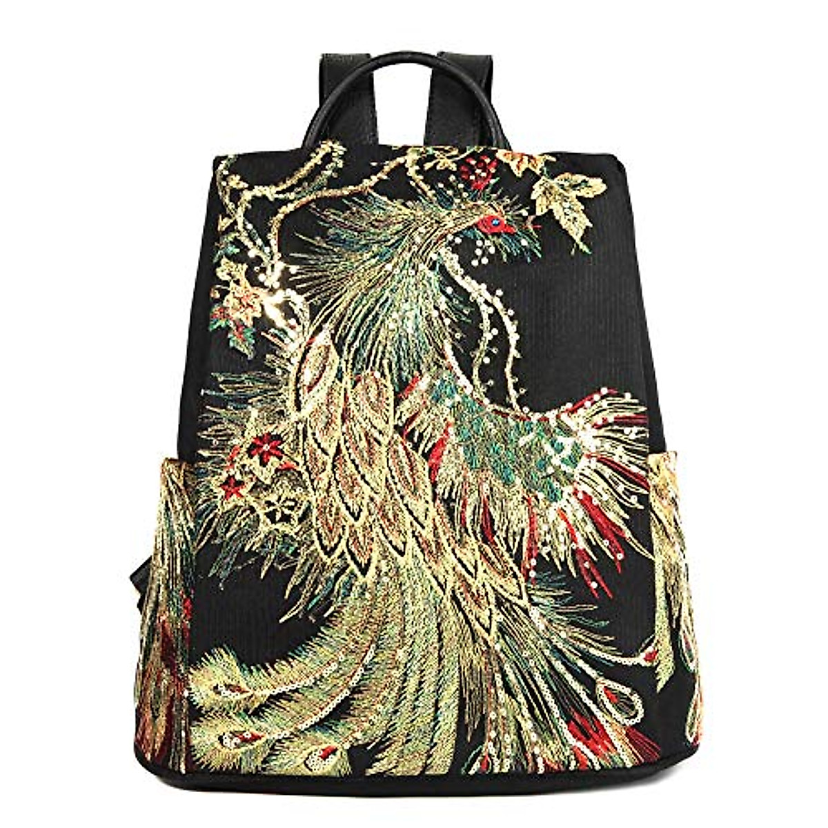Glitter Embroidery Women Backpack Purse, Fashion Canvas Travel Anti-theft Rucksack School Shoulder Bag (Black) One_Size