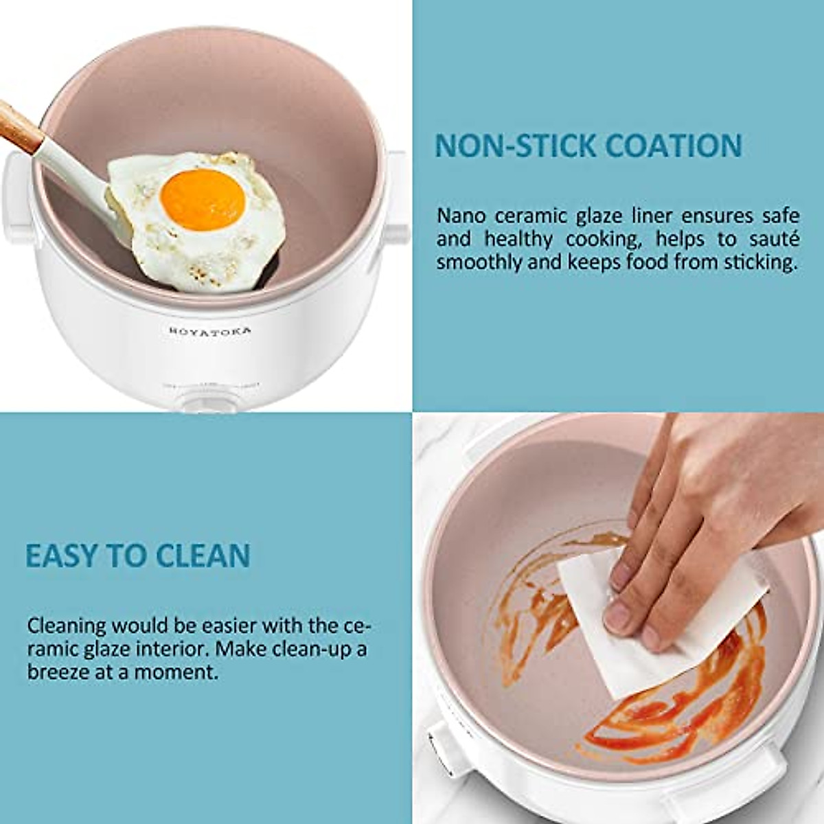 Hoyatoka Electric Hot Pot, 2L Portable Non-Stick Electric Cooker with Steamer, Multifunction Mini Electric Pot Ramen Cooker for Sauté, Stir Fry, Steak, Eggs, Oatmeal, Ramen, Soup, Electric Skillet with Dual Power Control for Dorm and Office, White