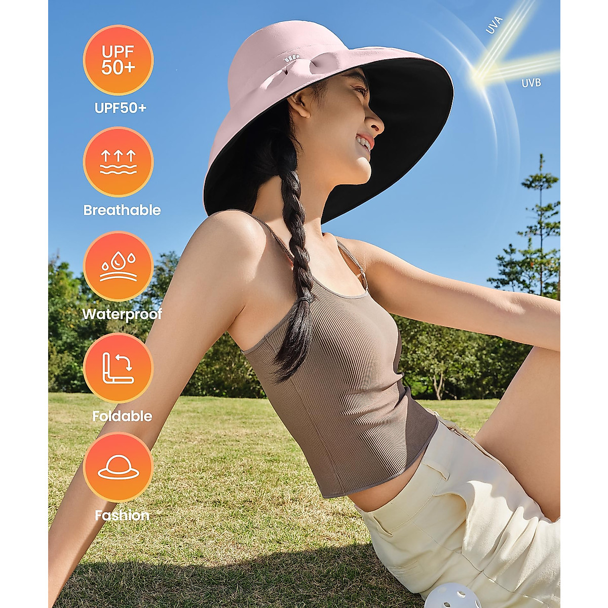 BENEUNDER Sun Hat Womens, Adjustable Wide Brim Bucket Hat with Vinly UPF50+ UV Protection for Beach, Summer Travel, Brown