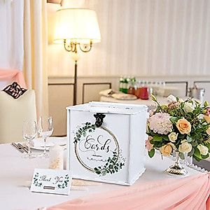 Wedding Card Box Elegant White Wooden Wedding Card Box with Lock for Wedding Reception Anniversary Graduation Birthday Parties Baby Shower Large Card Holder, 9.9 x 9.8 x 8.5 Inches