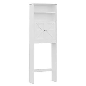 Reettic Tall Over The Toilet Storage with Two Doors, Free Standing Bathroom Space Saver with Inner Adjustable Shelf, Wooden Bathroom Cabinet Organizer Over Toilet, White BMGZ151W