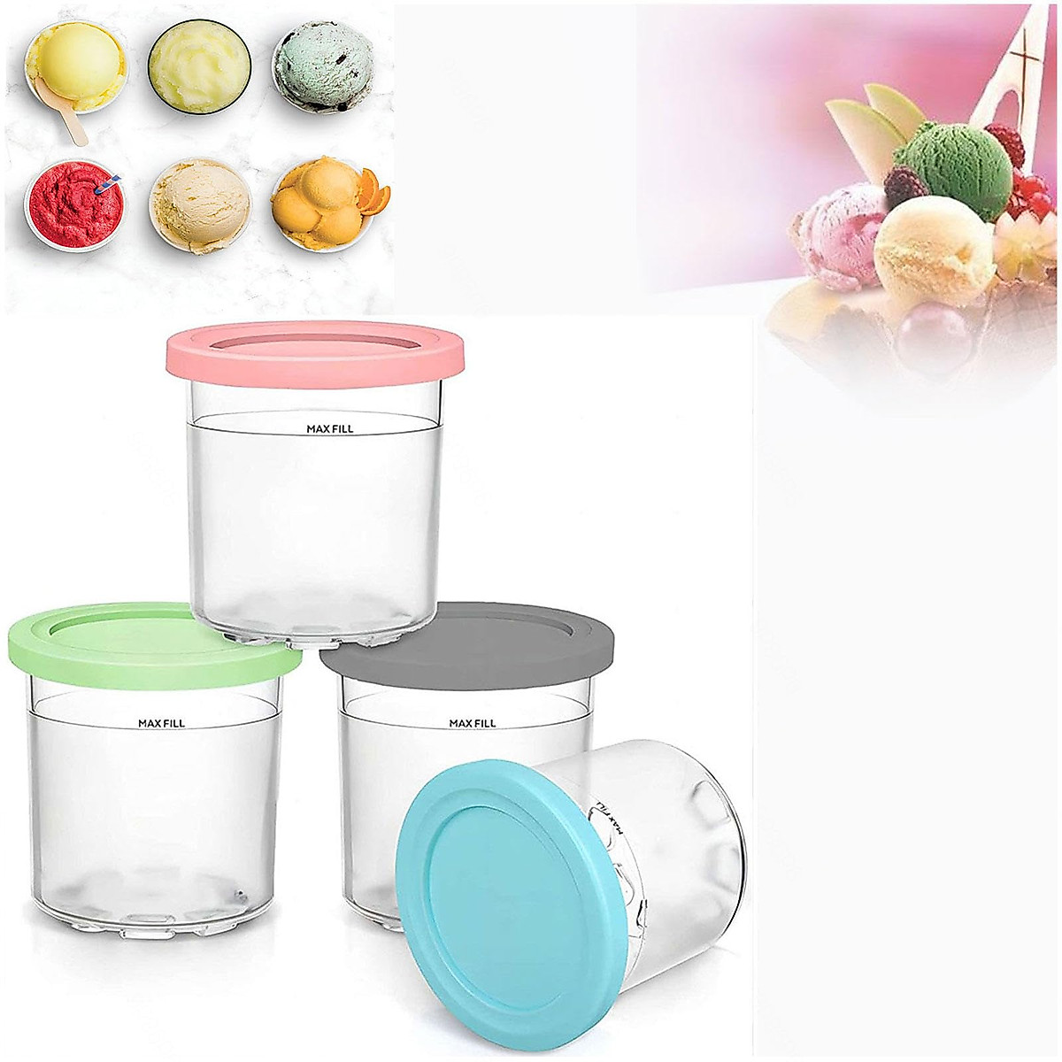 Creami Pints and Lids, for Ninja Creami Pint Containers,16 OZ Pint Storage Containers Safe and Leak Proof Compatible NC301 NC300 NC299AMZ Series Ice Cream Maker