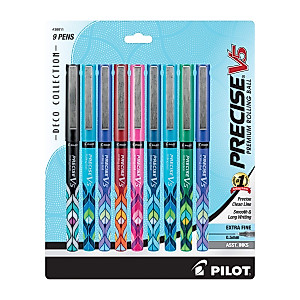 PILOT Precise V5 Stick Deco Collection Liquid Ink Rolling Ball Stick Pens, Extra Fine Point (0.5mm) Assorted Ink Colors, 9-Pack (38811)